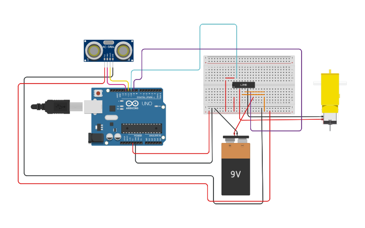 Circuit design DC Motor and Distance Sensor Arduino - Tinkercad