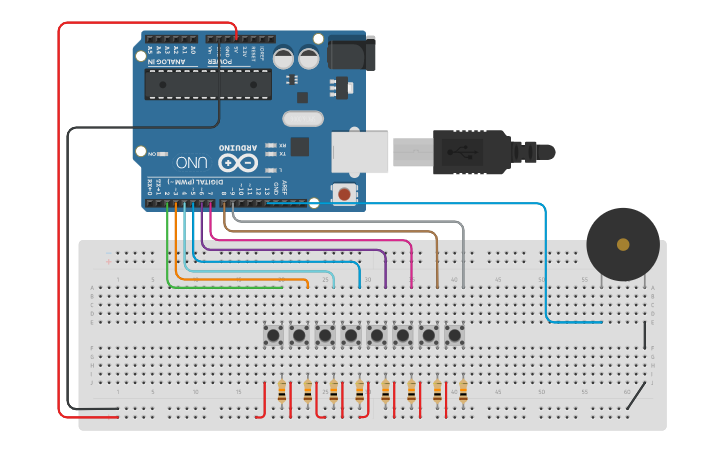 Circuit design 2. Copy of Arduino piano with buzzer and push buttons - Tinkercad