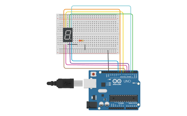 Circuit design Display de 7 segmentos cátodo común - Tinkercad