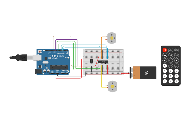 Circuit design L293D DC Motor Arduino IR Remote - Tinkercad