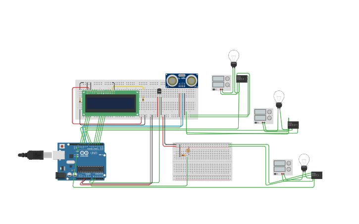 Circuit design Simulasi 3 Sensor (Suhu, Jarak, dan Cahaya) - Tinkercad