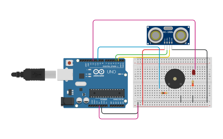 Circuit design Ultrasonic sensor, with buzzer and LED - Tinkercad