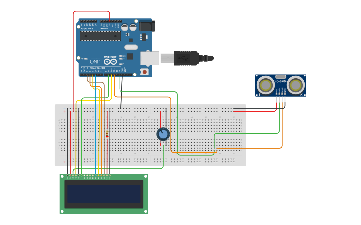 Circuit design Distance measurement using HCSR04 - Tinkercad