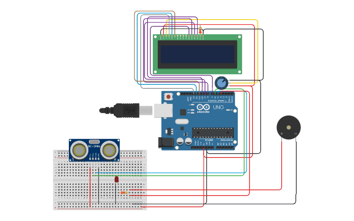 Circuit Design Ultrasonic Sensor With Lcd Screen And Buzzer Arduino Tinkercad