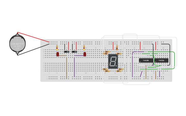Circuit design 2 bit input 7 segment display - Tinkercad