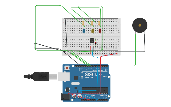Circuit design Sensor de Temperatura con leds y buzzer - Tinkercad