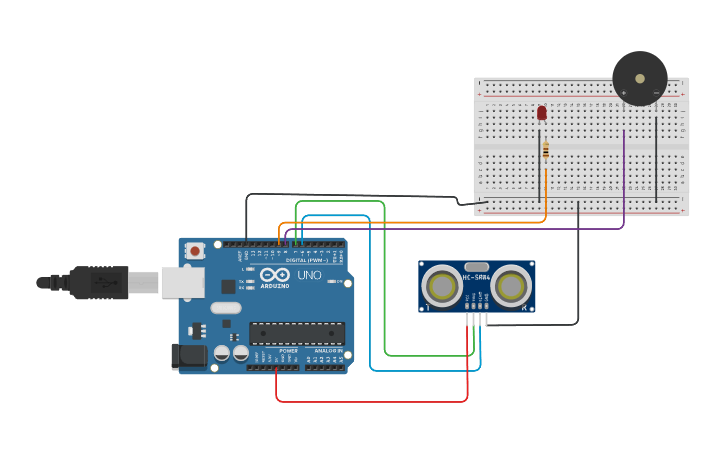 Circuit design Ultrasonic LED Buzzer - Tinkercad