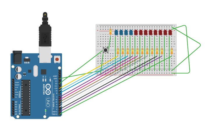 Circuit design función FOR, secuencia de 14 leds con tiempo1/2 con ...