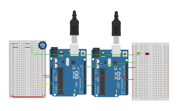 Circuit design How to communicate between 2 arduinos - Tinkercad