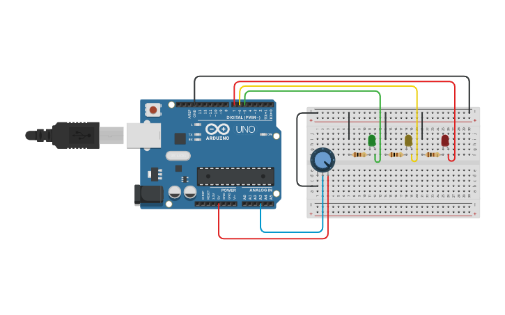 Circuit design Potenciometro y 3 LEDs - Tinkercad
