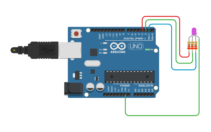 Circuit design rainbow fade LED - Tinkercad