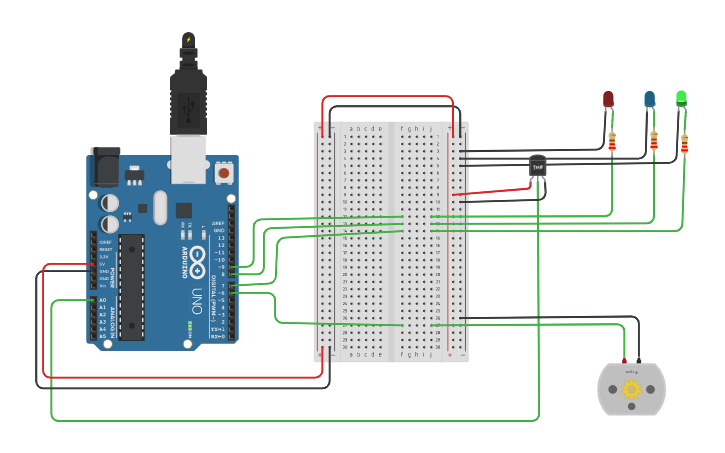Circuit design Arduino Temp Sensor + LED + DC Motor - Tinkercad