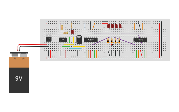 Circuit design Copy of 4 bit up counter using 555, JK flip flop - Tinkercad