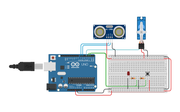 Circuit design Servo with ultrasonic distance and button - Tinkercad