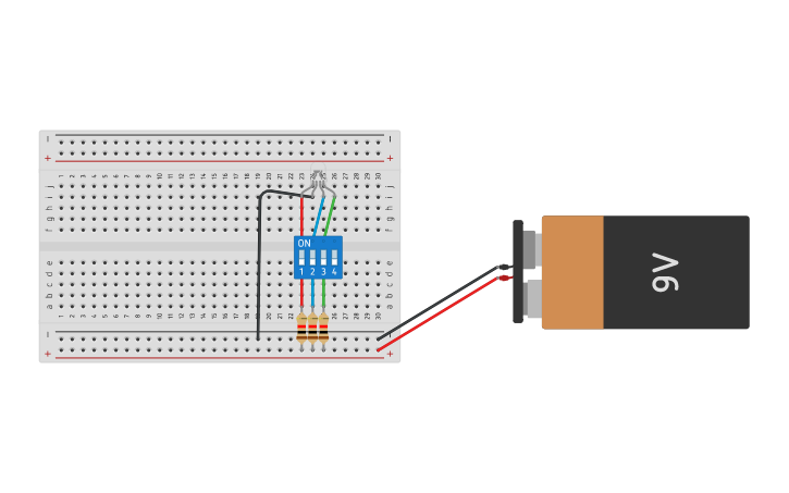 Circuit design RGB Led using DIP switch (x4) - Tinkercad
