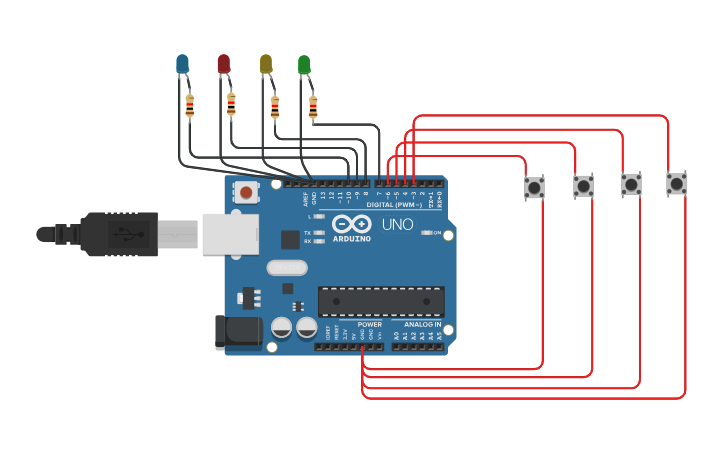 Circuit design Digital I/O menggunakan 4 LED dan 4 Push Button - Tinkercad