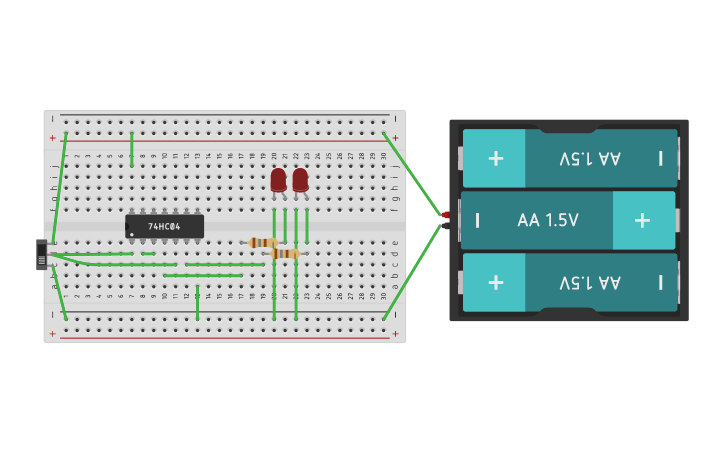 Circuit design NOT gate with 2 LEDs - Tinkercad