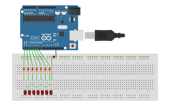 Circuit design Arduino - 7 LED - Tinkercad