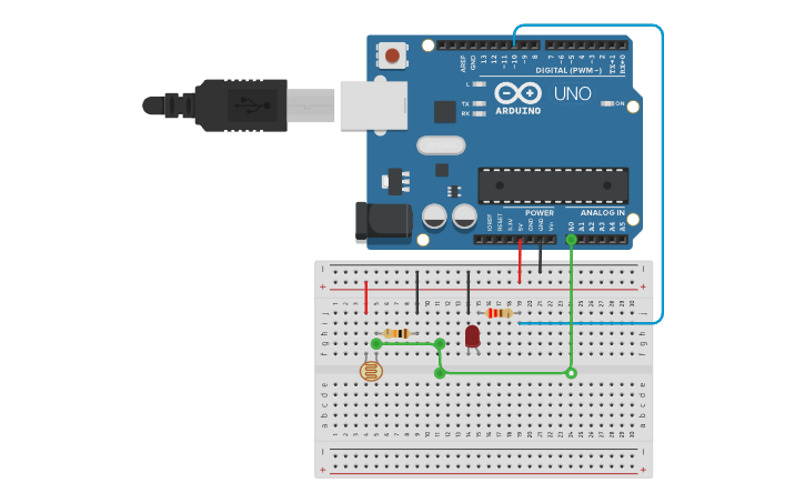 Circuit design LIGAR E DESLIGAR UM LED UTILIZANDO SENSOR LDR - Tinkercad