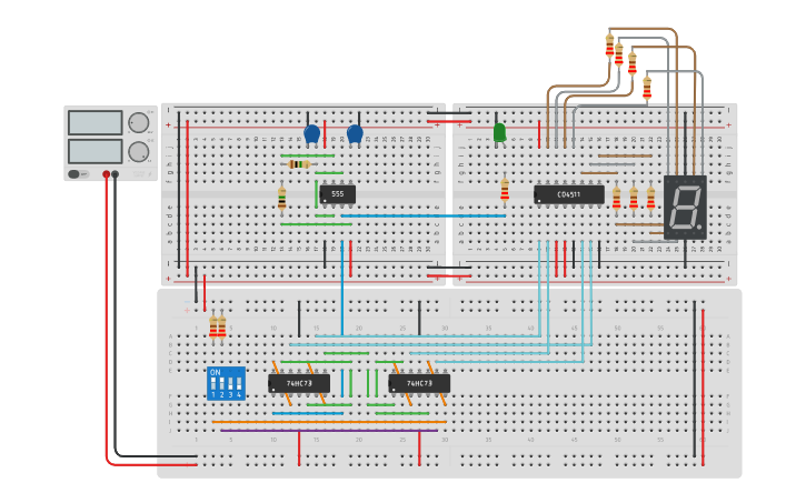 Circuit design 7-segment down counter with JK FF - Tinkercad