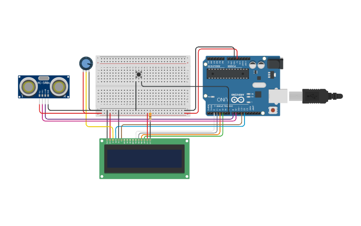 Circuit design Medindo Distâncias com HC-SR04 e Display LCD 16x2 - Tinkercad