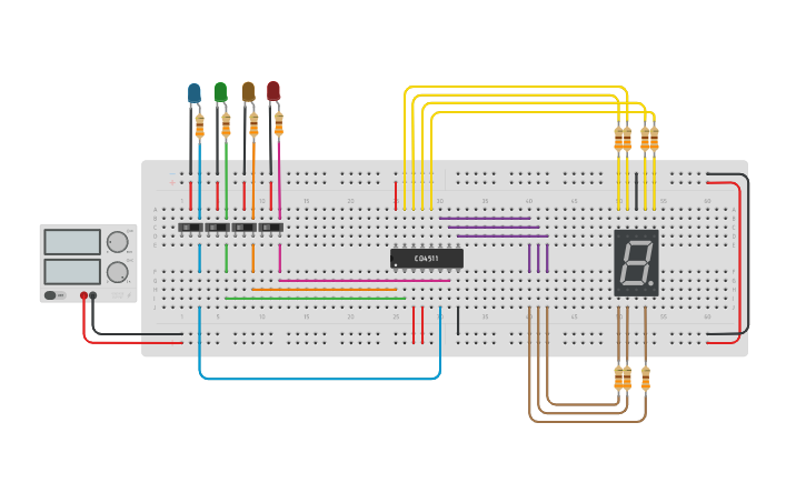 Circuit design Seven Segment Display (0-9) - Tinkercad