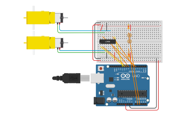 Circuit design LDR Dual Motor control - Tinkercad
