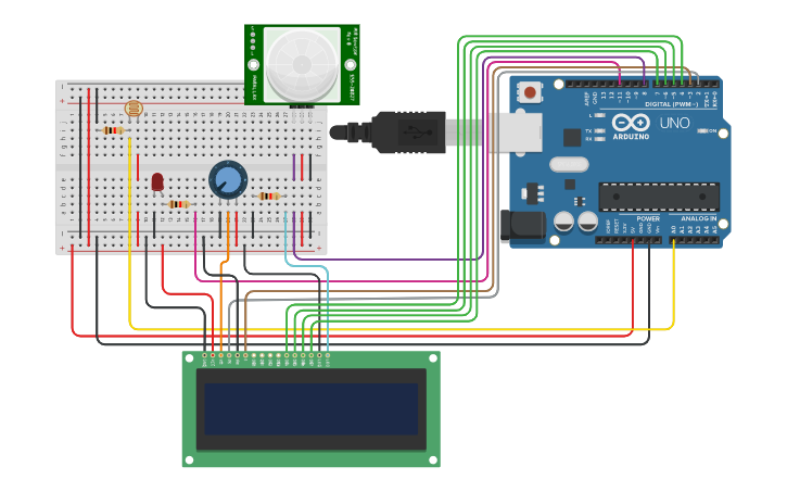 Circuit design PIR Sensor LCD Display - Tinkercad