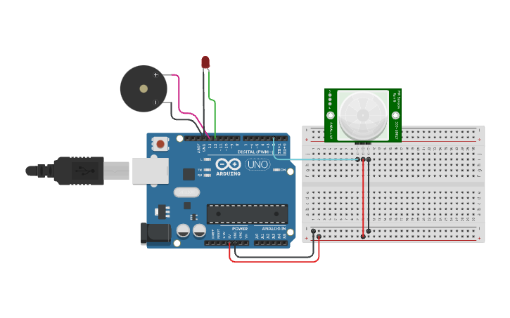 Circuit design PIR Motion Sensor Alarm System - Tinkercad