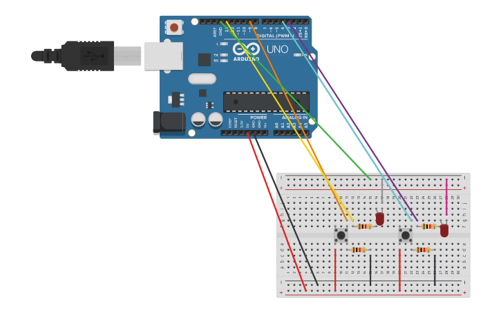 Circuit design 2 push button and led circuit - Tinkercad