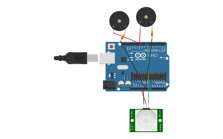 Circuit design Sensor con dos parlantes - Tinkercad