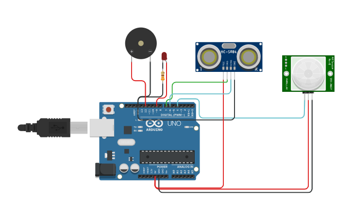 Circuit design TP 4 Buzzer+Piezo+Sensor: PIR y Ultra - Tinkercad