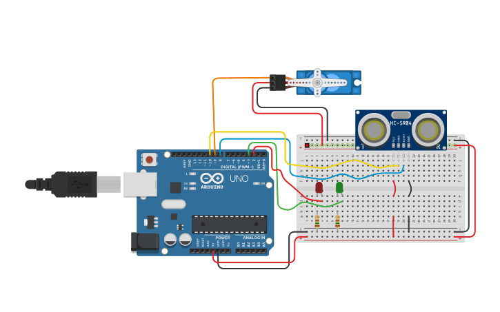 Circuit design Servo +Ultrasonic შლაგბაუმი - Tinkercad