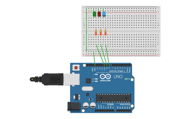 Circuit design Arduino - 3 LEDs con declaración de Variables - Tinkercad