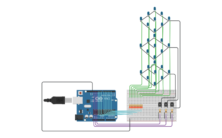 Circuit design Cubo led 3x3x3 con Placa Arduino uno - Tinkercad