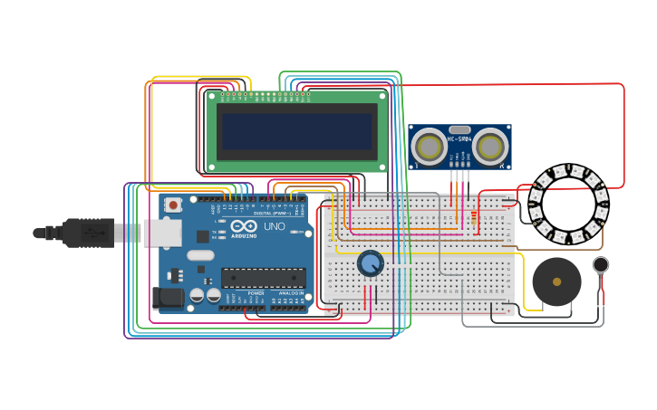 Circuit design Social Distancing Indicator with Alarming System - Tinkercad