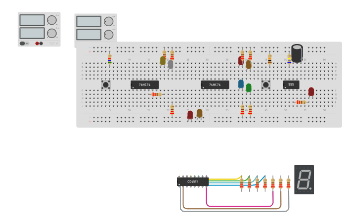 Circuit design 4 BIT BINARY COUNTER USING 74LS74 - Tinkercad