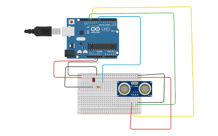 Circuit design ultrasonic sensor with led - Tinkercad