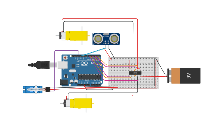 Circuit design Control DC Motor , servo BY Ultrasonic sensor - Tinkercad