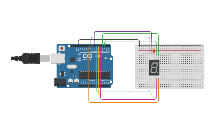 Circuit design display de 7 segmentos em contagem de 0 a 9. - Tinkercad