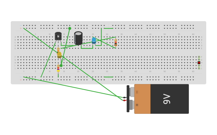 Circuit design Ex.1 LED Flasher with one Transistor - Tinkercad