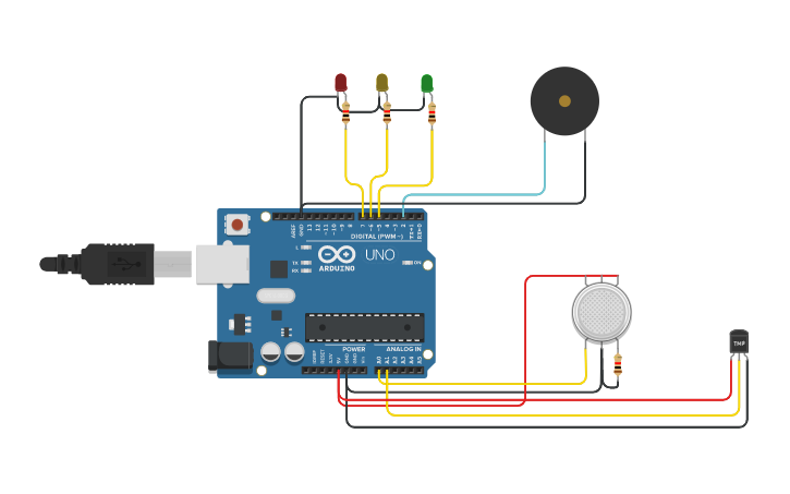 Circuit design Sensor Suhu dan Sensor Gas - Tinkercad