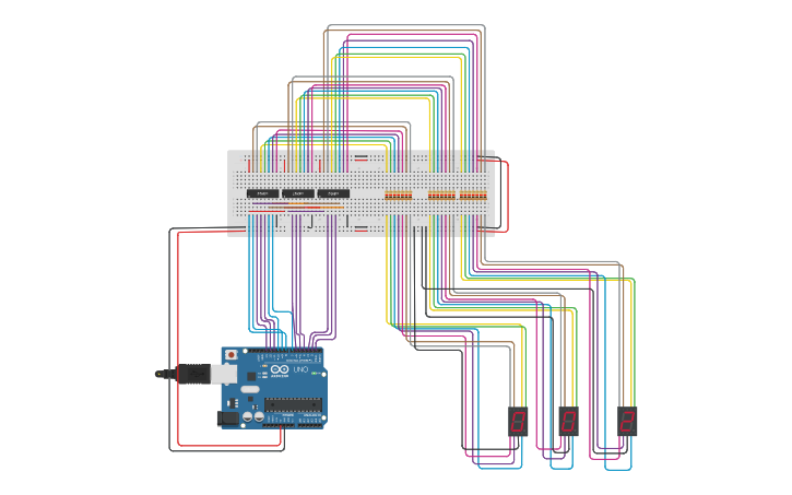 Circuit design counting 0 to 999 using seven segment display - Tinkercad