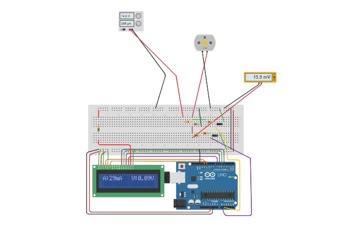 Circuit design Arduino Voltmeter + Ammeter - Tinkercad