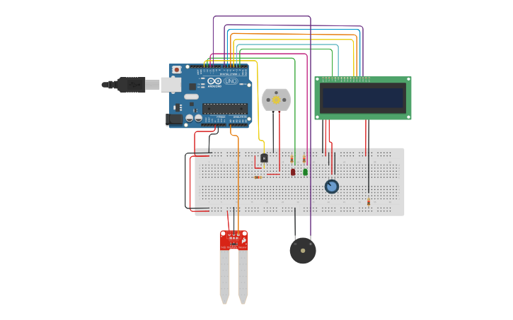 Circuit design smart irrigation system using soil moisture - Tinkercad