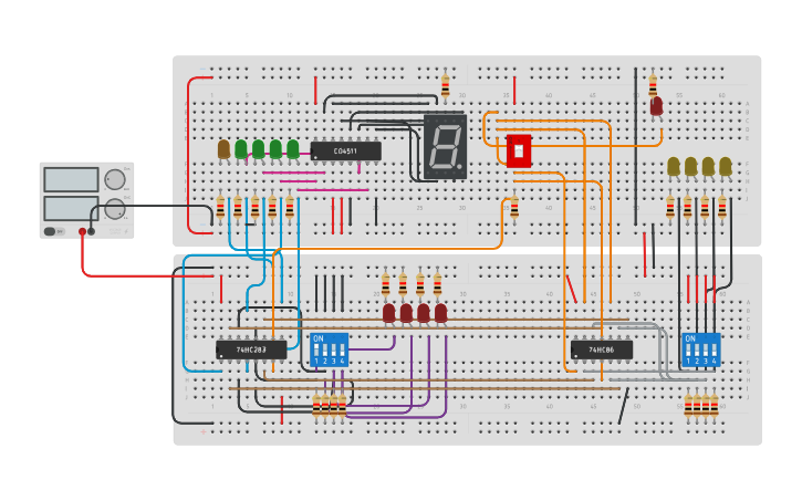 Circuit design 4bit ADDER SUBTRACT USING 7 SEGMENT - Tinkercad