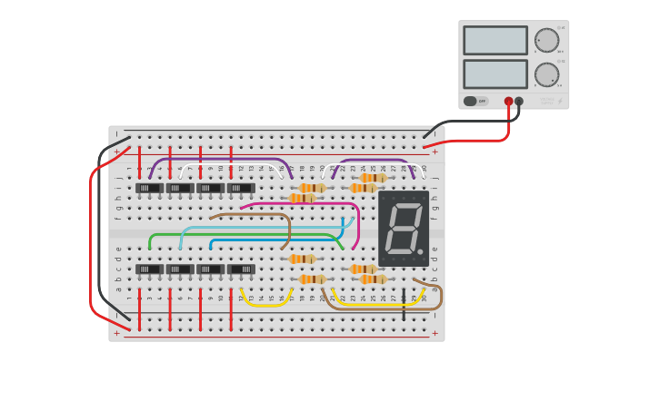 Circuit design Common cathode seven-segments display - Tinkercad