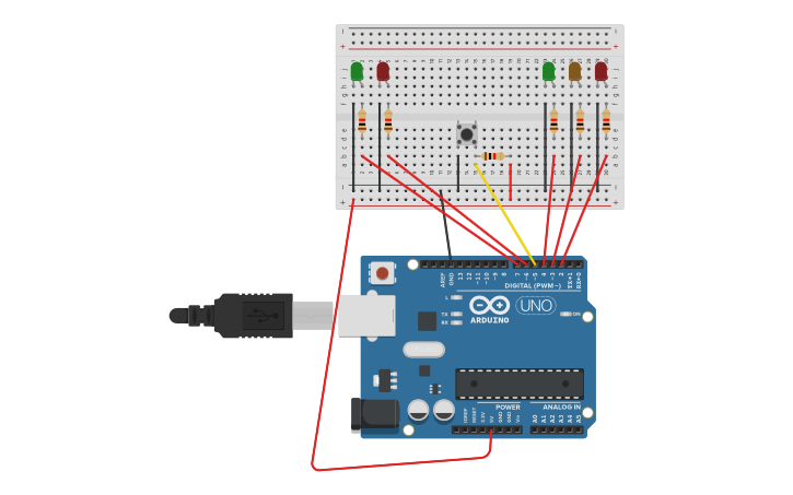 Circuit design Arduino Assessment - Traffic Light Pedestrian System - Tinkercad