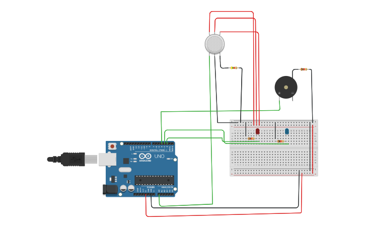 Circuit design gas detecting alarm system with arduino - Tinkercad