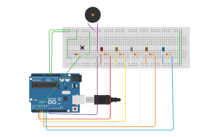 Circuit design (10) LED(5)+pushbutton+piezo - Tinkercad